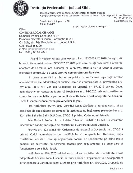 Prefectura Sibiu a dat dreptate USR PLUS Cisnădie - Comisiile de ...